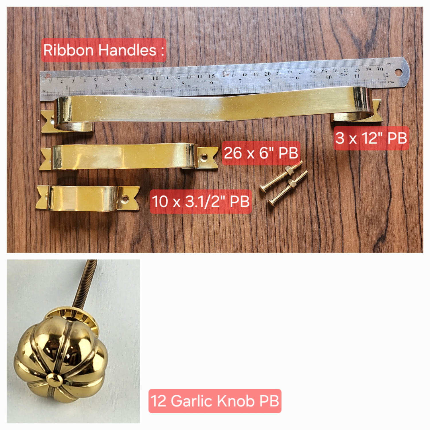 Bundle EV-Feb : Ribbon Handles & Garlic Knob Polished Brass - Aloka Brass